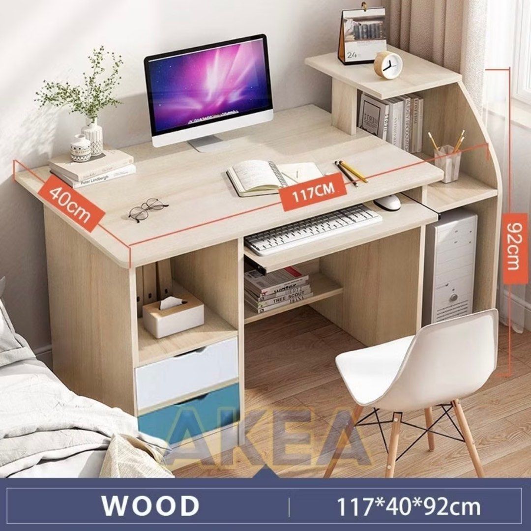Wood Study Desk With Storage Shelves | Computer Desk With Bookshelf ...