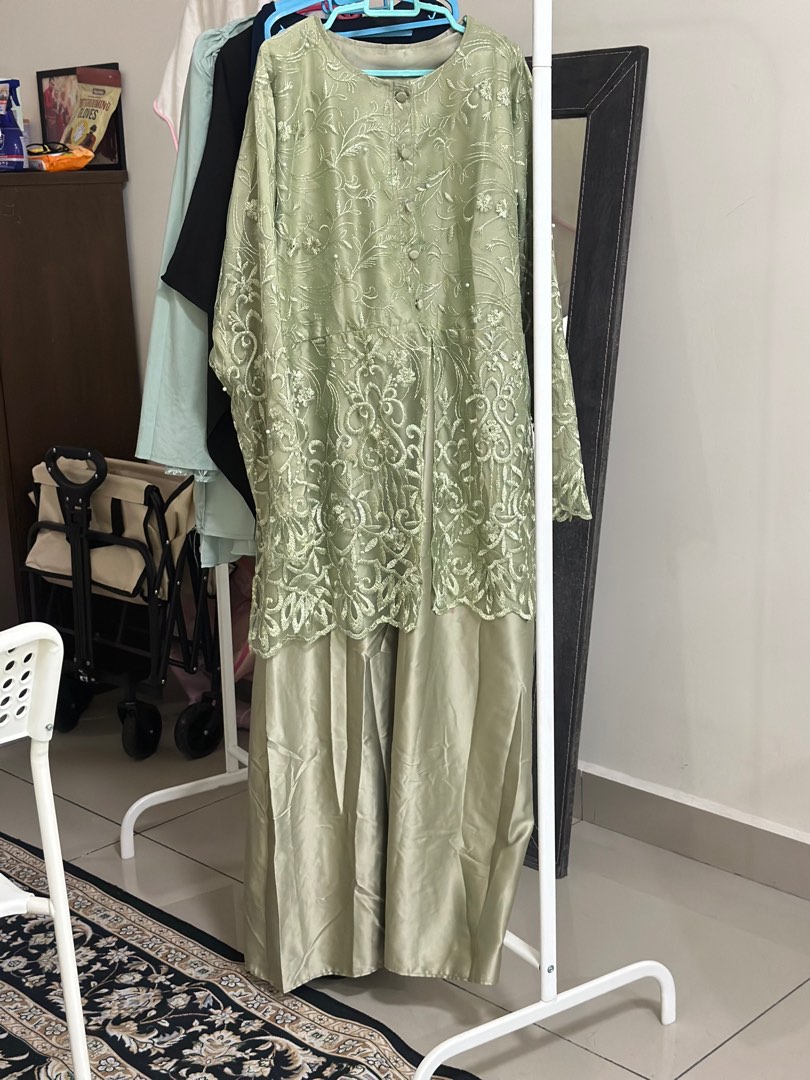 Baju Indonesia Dress Sulam Brocade Brokat Satin Sage Green Raya 2025 ...
