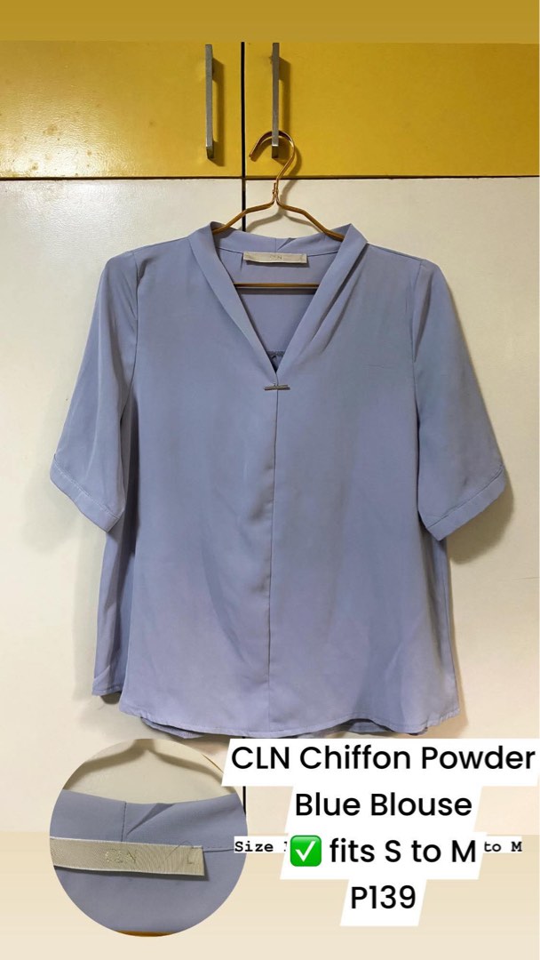 CLN Powder Blue Chiffon Blouse, Women's Fashion, Tops, Blouses on Carousell