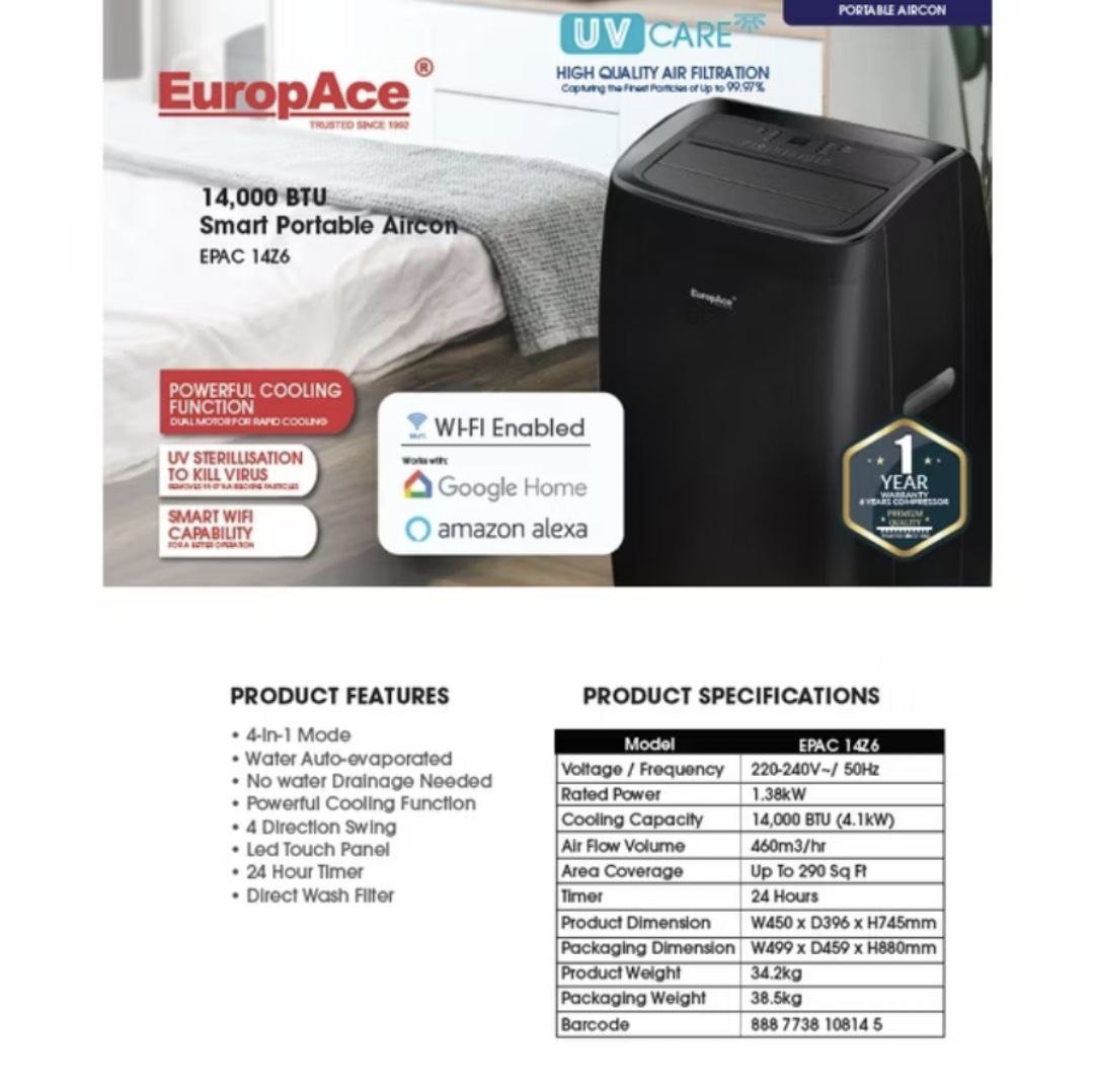 EUROPACE (EPAC14Z6) 14000 BTU 4-IN-1 Smart WIFI Enabled Black Portable ...
