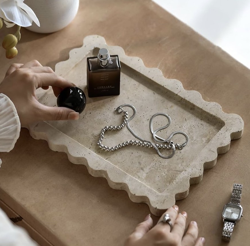 Natural Travertine Rectangular Tray with Scalloped Edge, Furniture ...