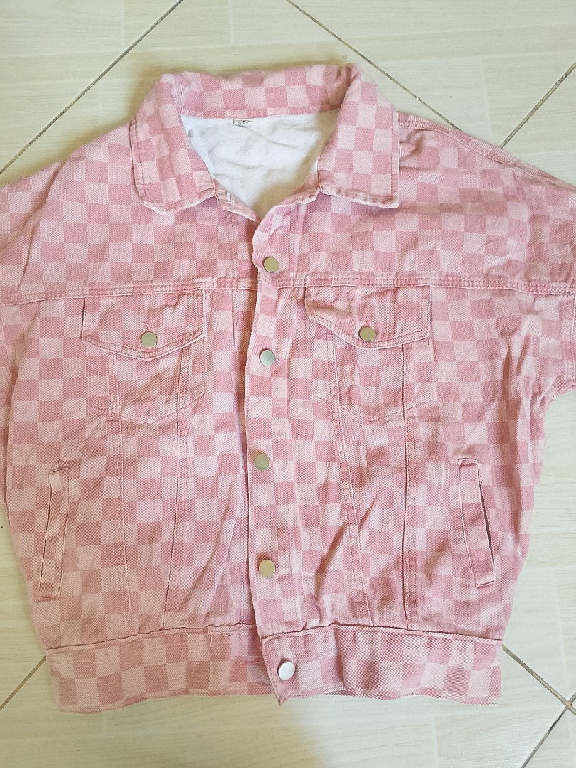 Retro Checkerboard Pink Oversize Denim Jacket, Women's Fashion, Coats ...