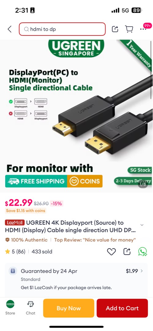 UGREEN 4K Displayport (Source) to HDMI (Display) Cable single direction UHD DP to HDMI Connector ...