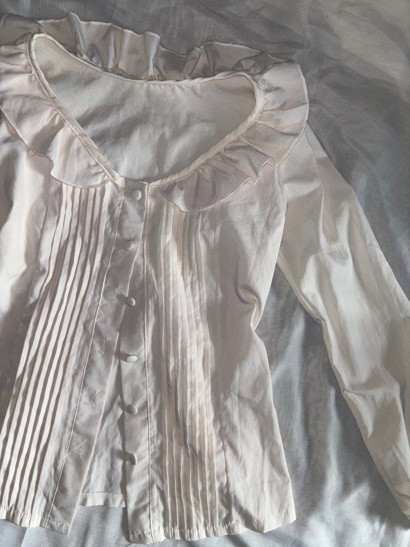 Victorian/Lolita-Inspired Ruffle Blouse - Elegant White Pintuck Button-Up Top, Women's Fashion ...