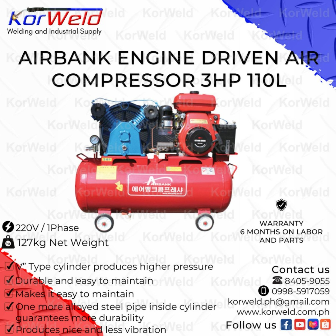 Airbank Engine Driven Air Compressor 3HP 110L, Commercial & Industrial ...