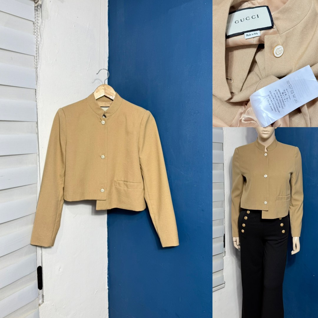 Gucci asymmetric cropped blazer in chinese collar, Women's Fashion ...