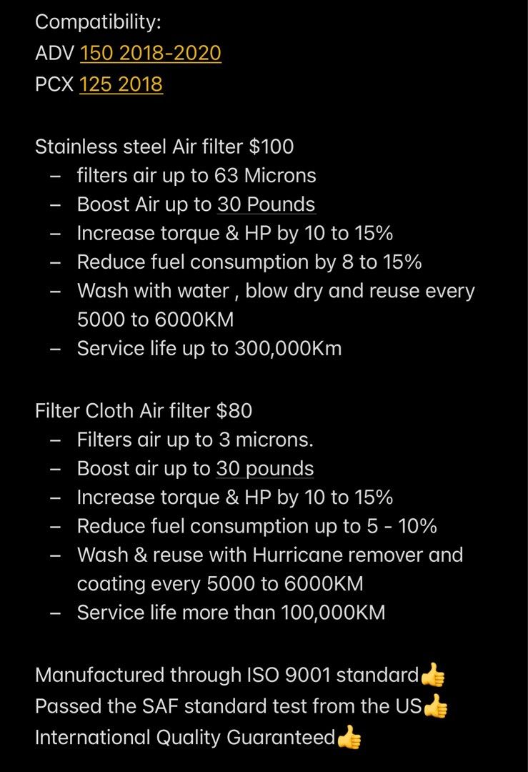 Hurricane Air Filter ADV150 / PCX 125, Motorcycles, Motorcycle ...