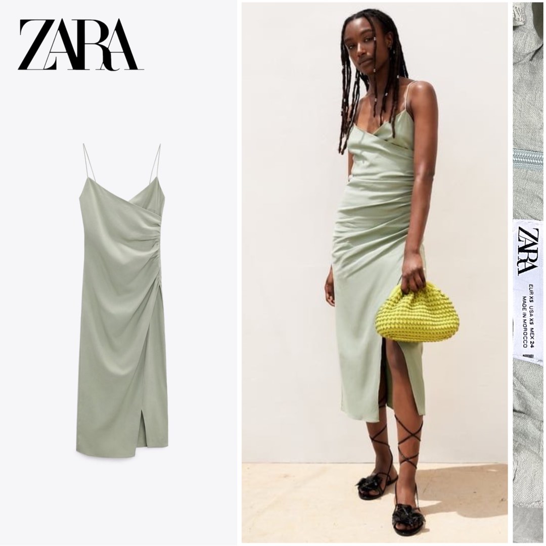 ZARA Sage Green Linen Overlap Slit Midi Maxi Dress, Women's Fashion ...
