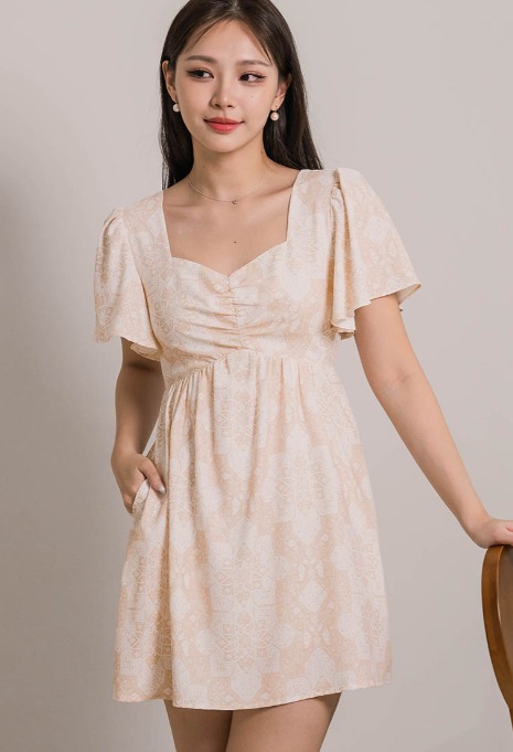 Angela Flutter Sleeve Babydoll Romper Dress (Sandstone Moroccan Tunes ...