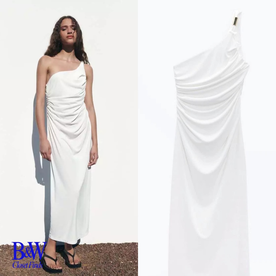 BNEW Zara White One Sided Ruched Dress w Gold Accent, Women's Fashion ...