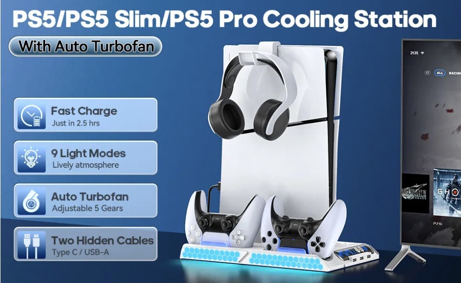 Cooling Station with Auto Fan Speed by Temp Control for PS5 PRO/PS5 ...