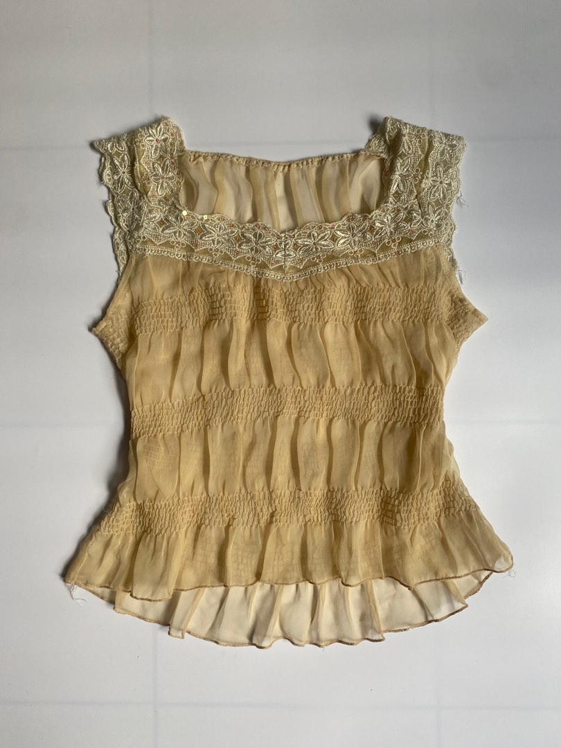 cream shear top, Women's Fashion, Tops, Blouses on Carousell