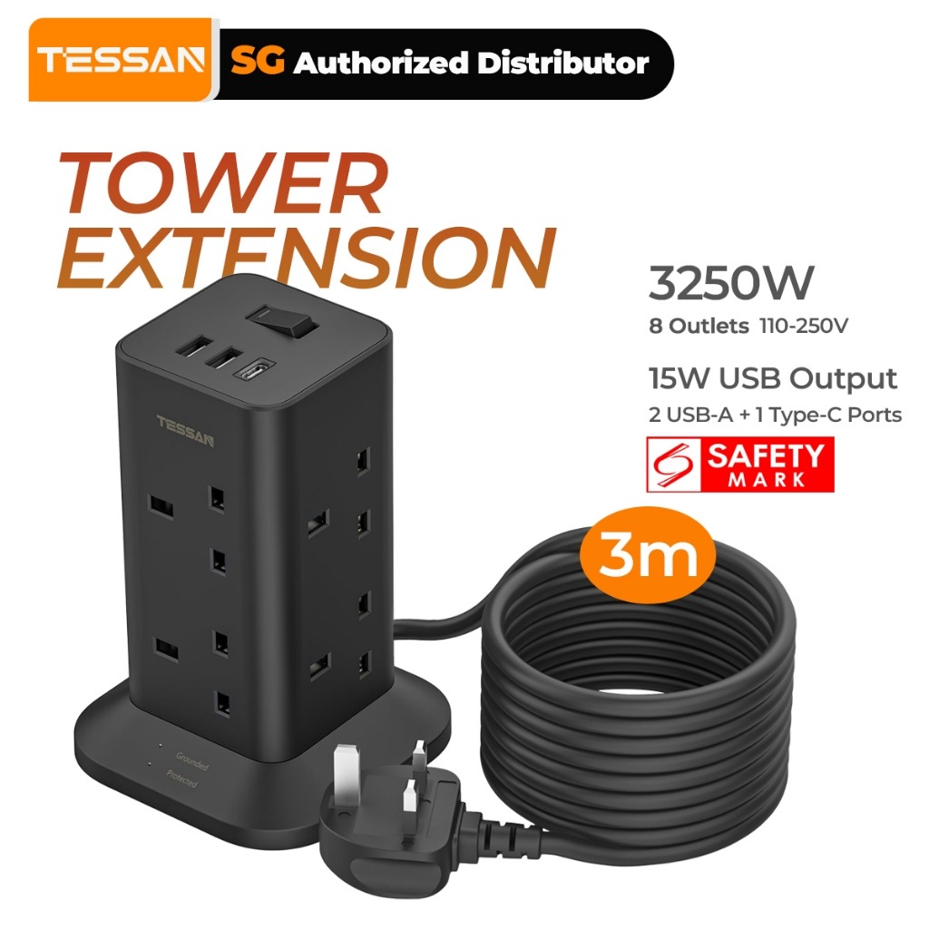SG Safety Mark - TESSAN Tower Plug 3 Meter Extension with 8 Sockets & 2 ...
