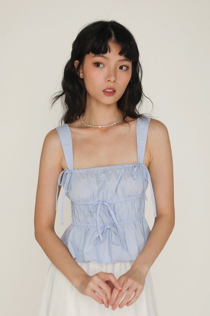 TTR Adalie Ribbon Shirred Babydoll Top, Women's Fashion, Tops ...