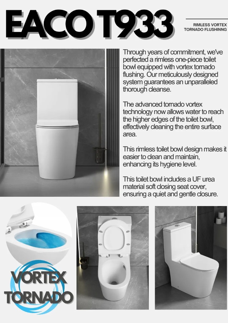 Eaco T933 Rimless Tornado One-Piece WC, Furniture & Home Living ...