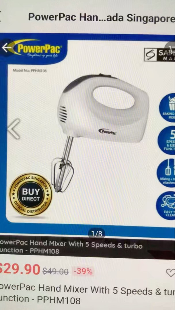 PowerPac Hand Mixer with 5 Speeds & Turbo, TV & Home Appliances ...