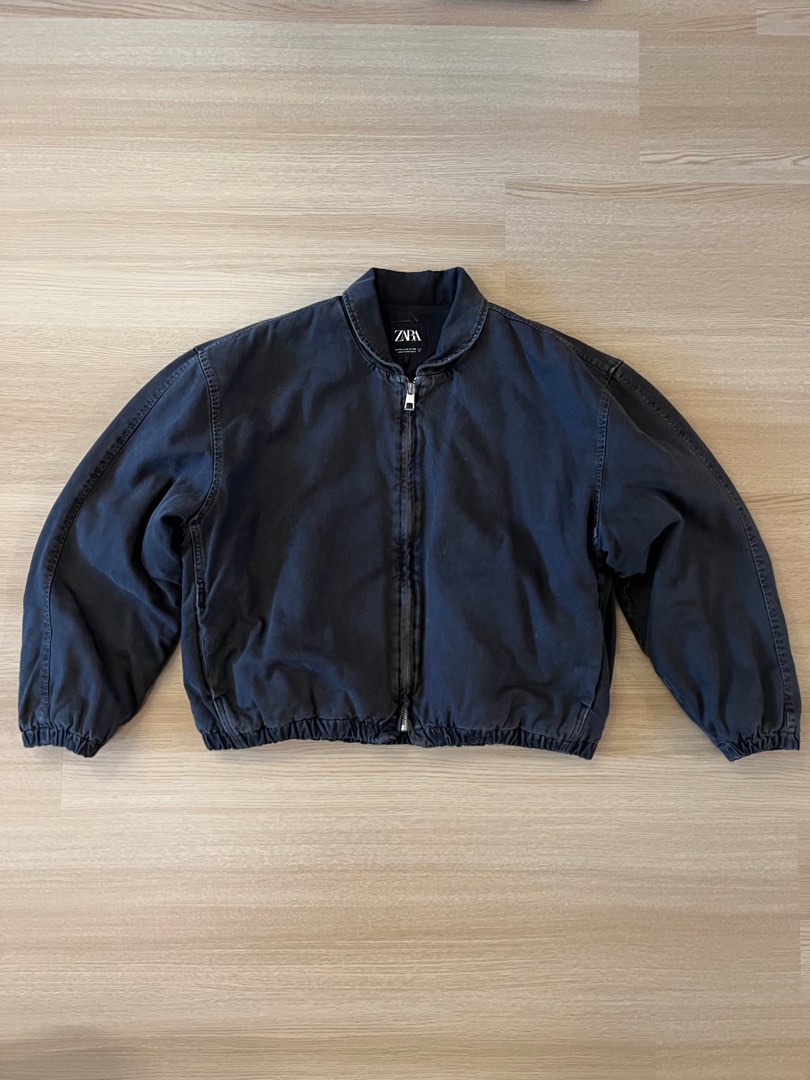 Zara denim washed effect bomber jacket boxy cutting, Men's Fashion ...