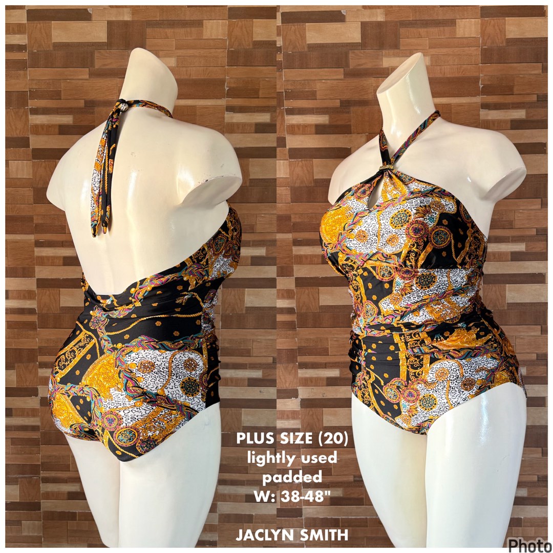 JACLYN SMITH PLUS SIZE BLACK & YELLOW GOLD PRINTS HALTER ONE PIECE ...
