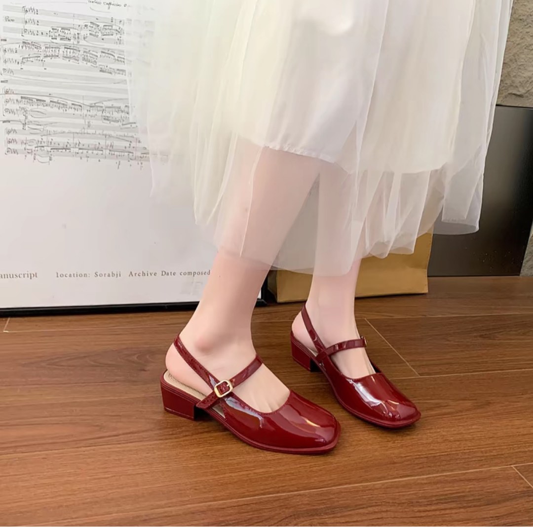 BAZAAR Classic blood red maroon mary jane sling back strap buck 1-inch ...