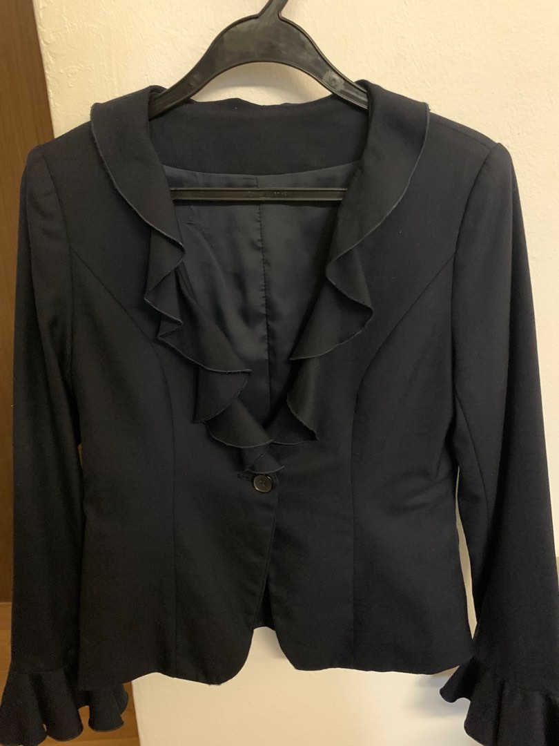 Black ruffled collar ruffle sleeves suit jacket button, Women's Fashion ...