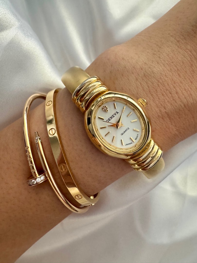 GENEVA Gold Bangle Oval Quartz Ladies Vintage Watch, Women's Fashion ...