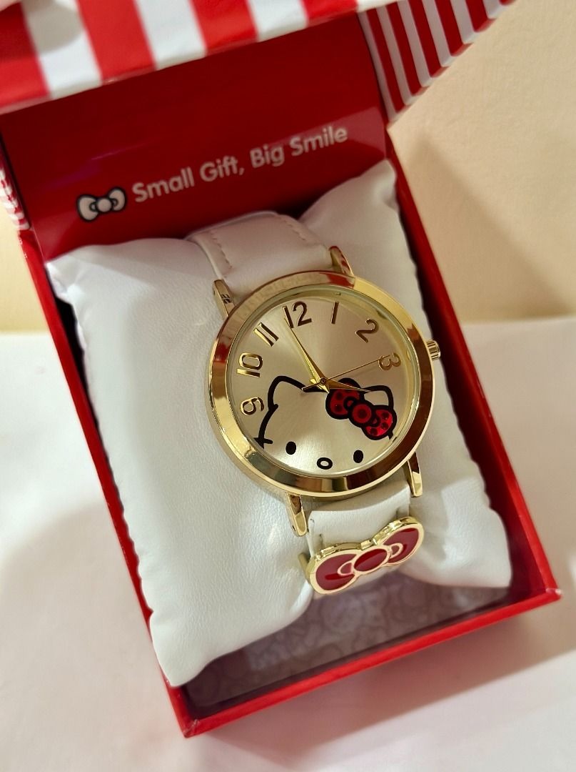 HELLO KITTY GOLD FACE DIAL WHITE LEATHER STRAP WATCH, Women's Fashion ...