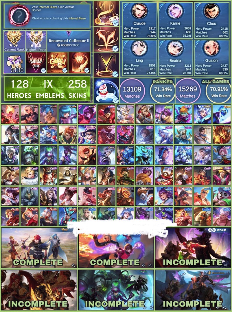 High WR High Stars MLBB acc Pure Rg 71% WR marksman/jungler account ...