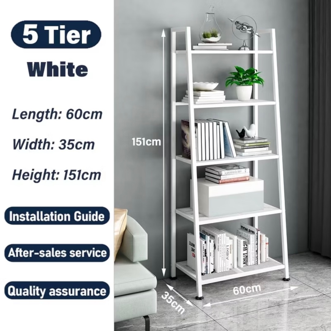 Ladder Display Rack | 5 Layer Bookshelf | White Leaning Shelf | Living ...