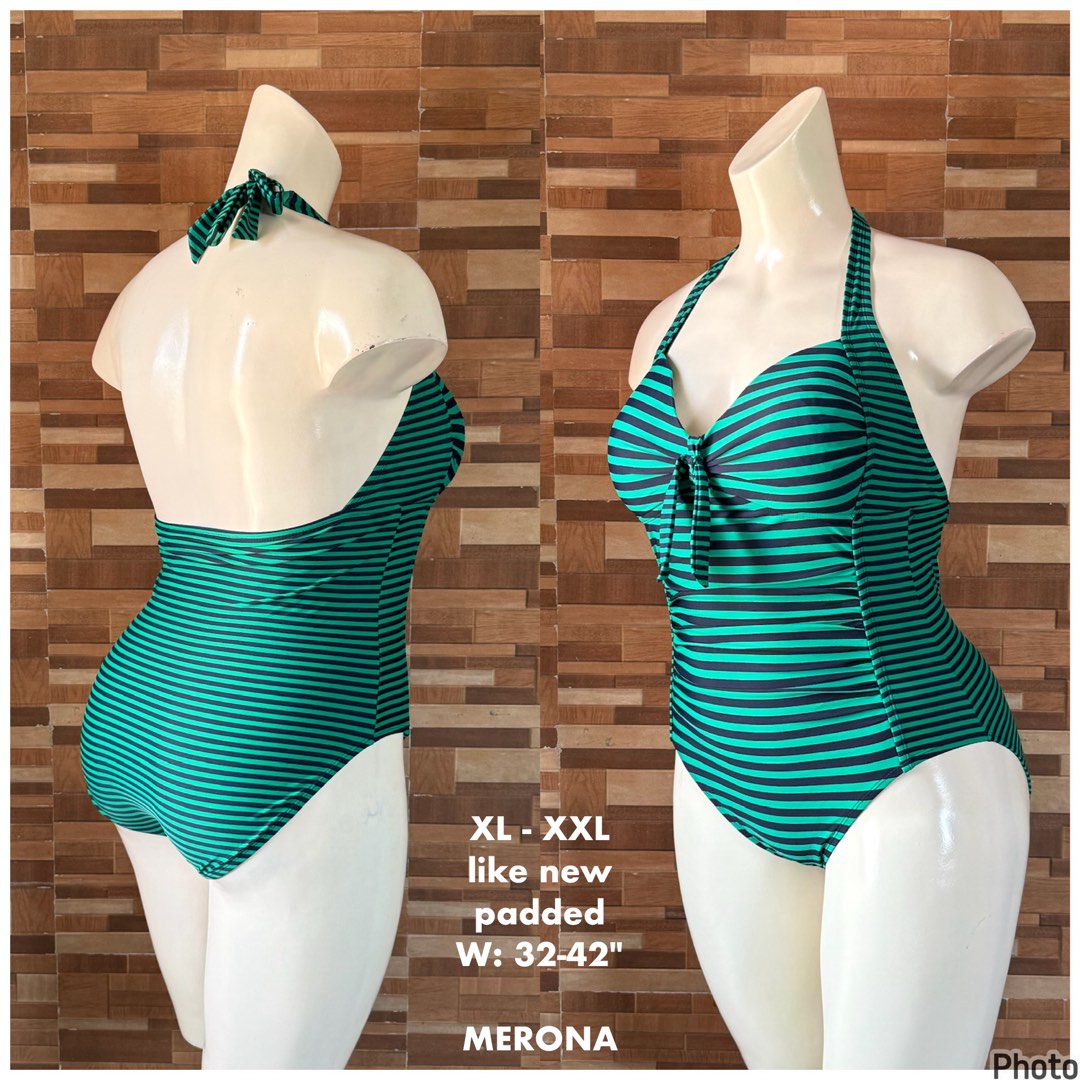 MERONA XL GREEN STRIPES HALTER ONE PIECE SWIMSUIT, Women's Fashion ...