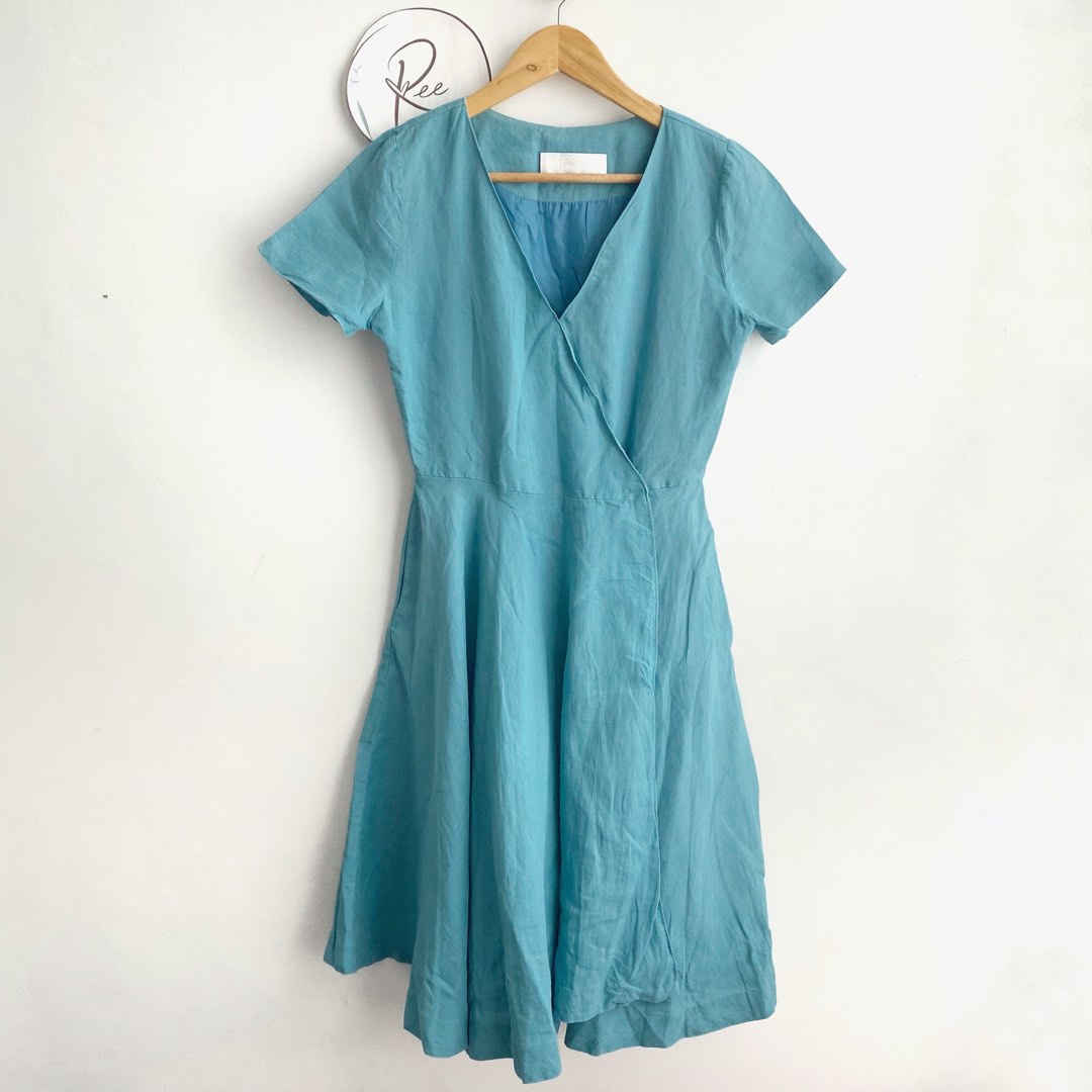 Premium blue linen overlap A-line maxi dress, Women's Fashion, Dresses ...