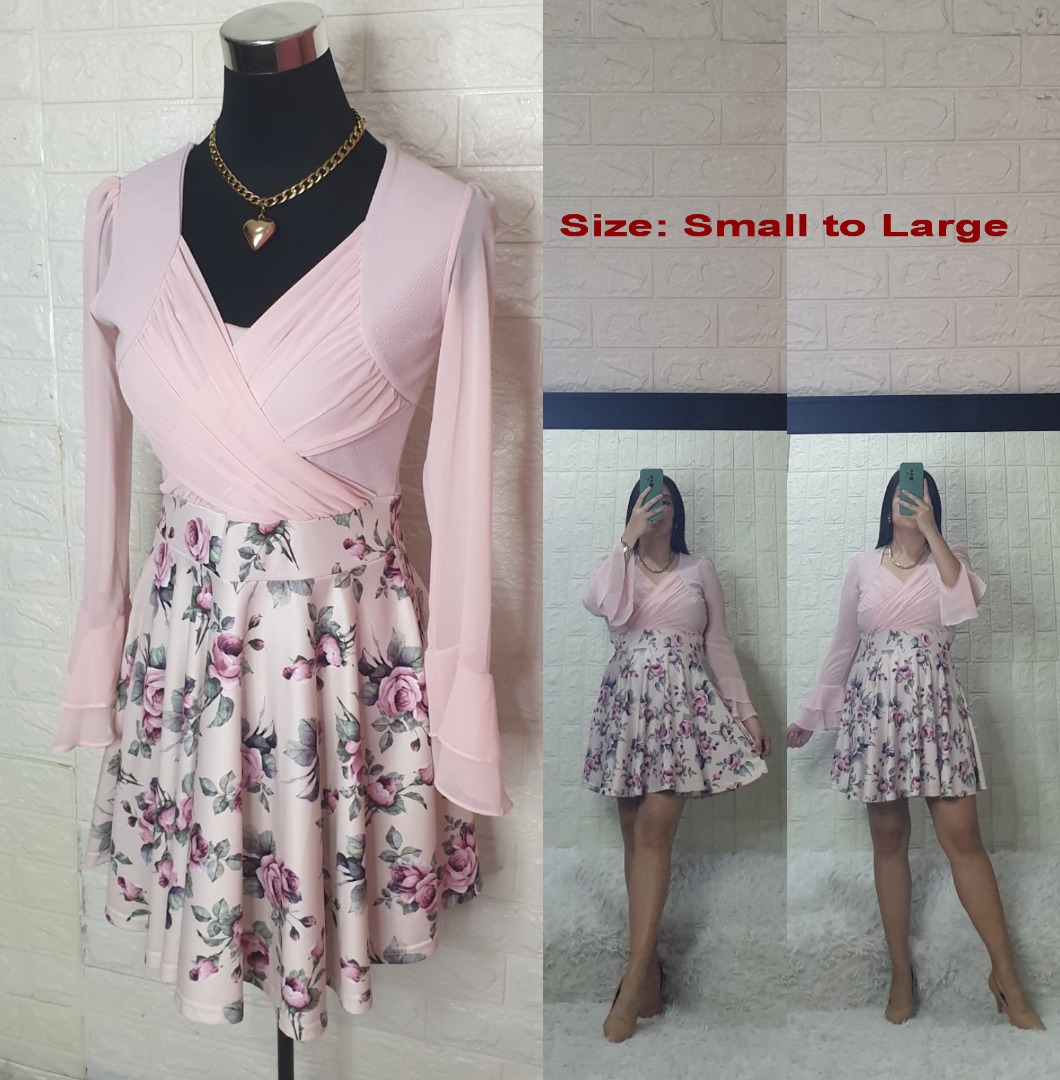 Rare Baby Pink Overlap Style Stretchy Floral Dress, Women's Fashion ...