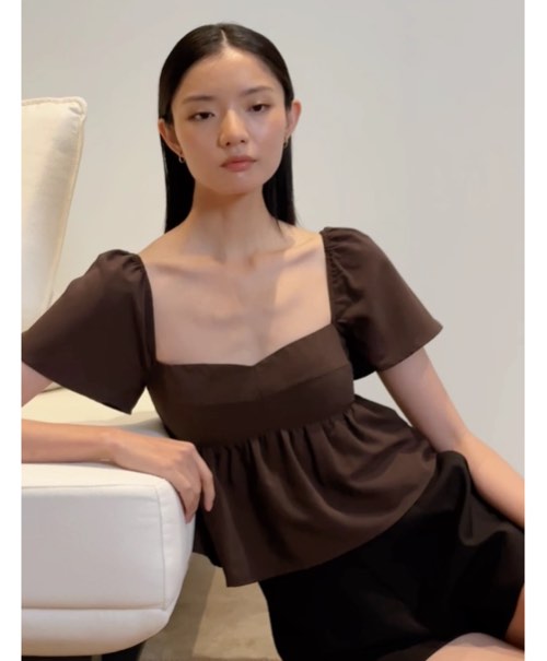 ANGELA PADDED FLUTTER SLEEVE BABYDOLL TOP (ESPRESSO), Women's Fashion ...