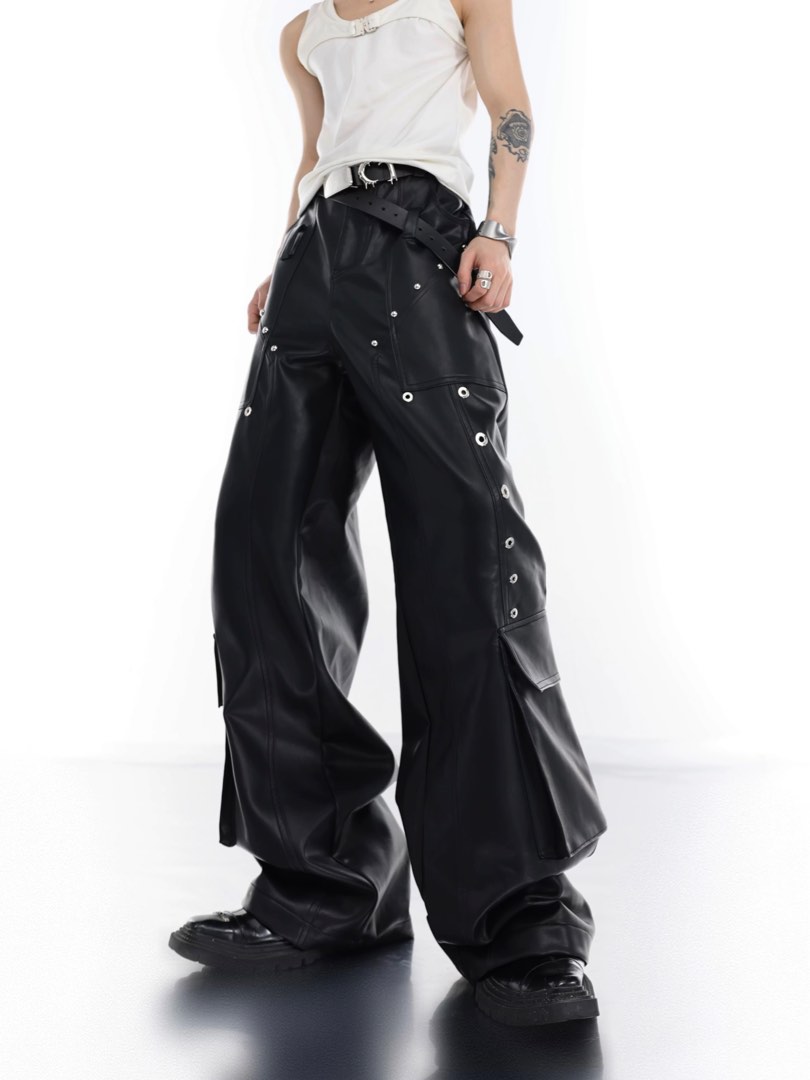 black argueculture baggy oversized leather buckle pants streetwear vkei ...