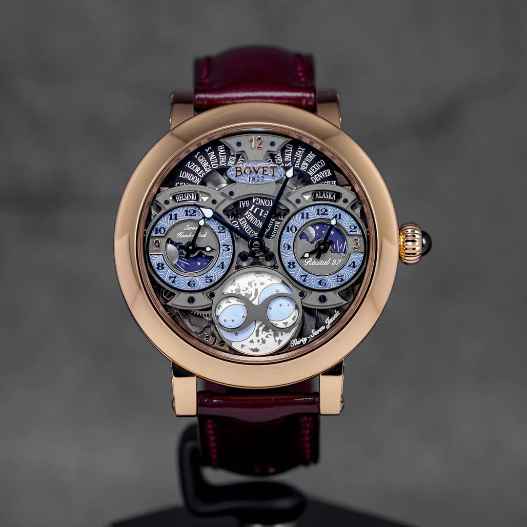 BOVET RECITAL 27 ROSEGOLD TRIPLE TIME ZONE MOONPHASE SKELETON BABY BLUE ...