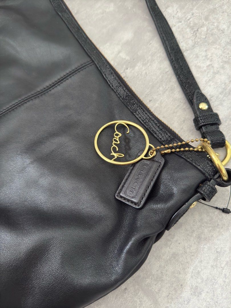 Coach Signature Cursive Logo Black/Gold Leather Shoulder Bag, Luxury ...