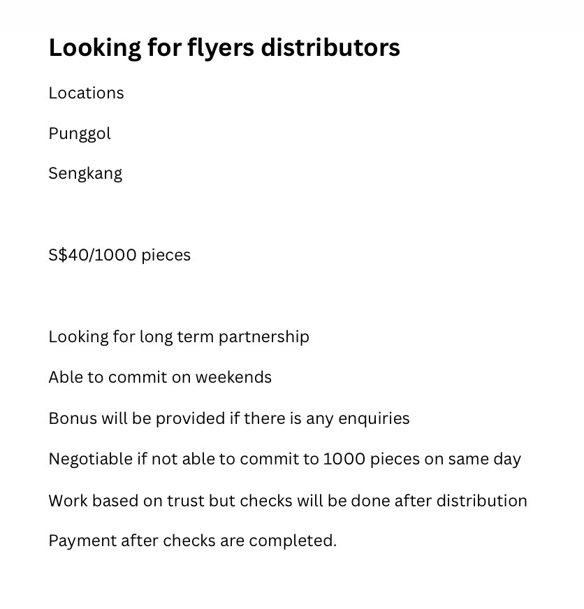 Looking for flyers distributor, Bulletin Board, Looking For on Carousell