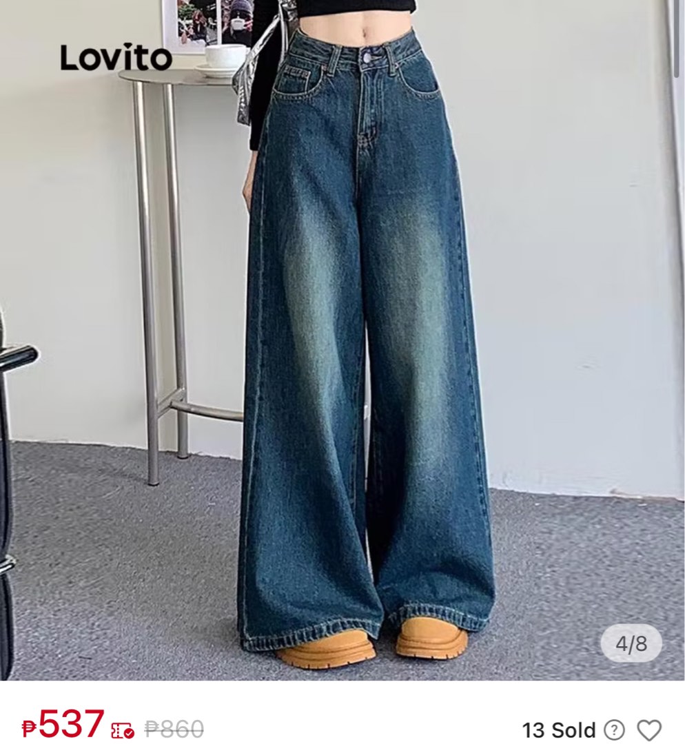 Lovito Washed Denim Wide Leg Pants, Women's Fashion, Bottoms, Jeans on ...