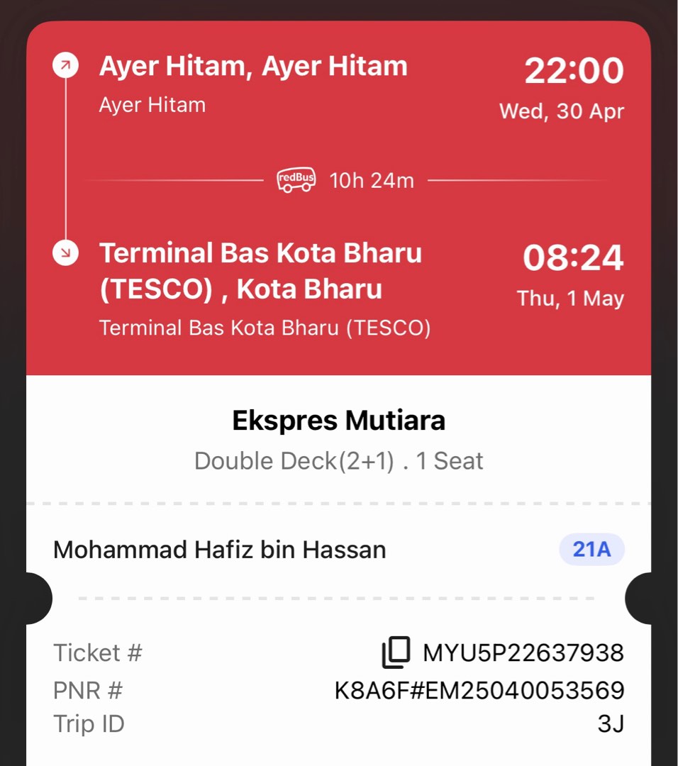 ticket bas terminal ayer itam - kota bharu, Tickets & Vouchers, Event ...