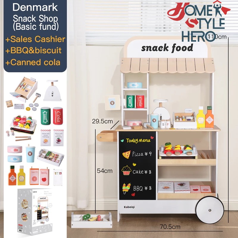 Wooden Pretend Play Mini Market Stall Cash Register & Food Accessories ...