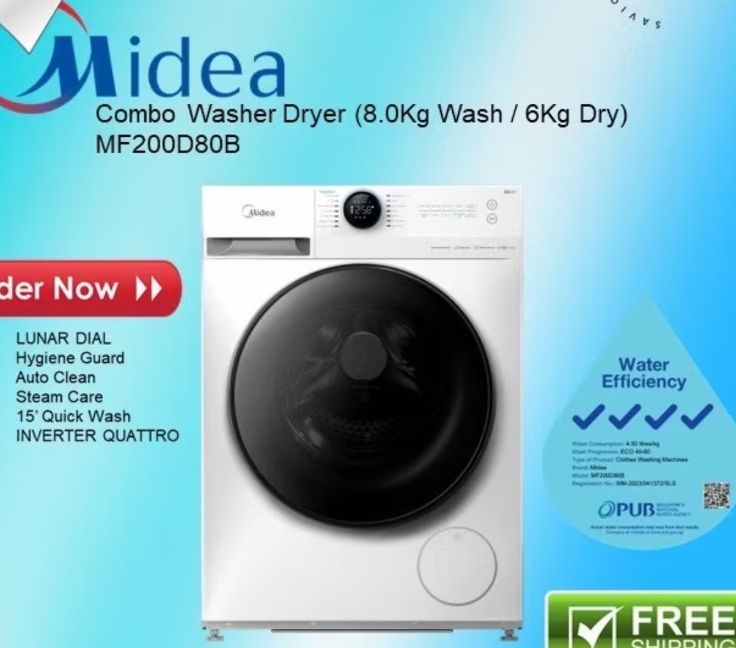 MIDEA MF200D80B FRONT LOAD WASHER AND DRYER (8/6KG), TV & Home Appliances, Washing Machines and ...