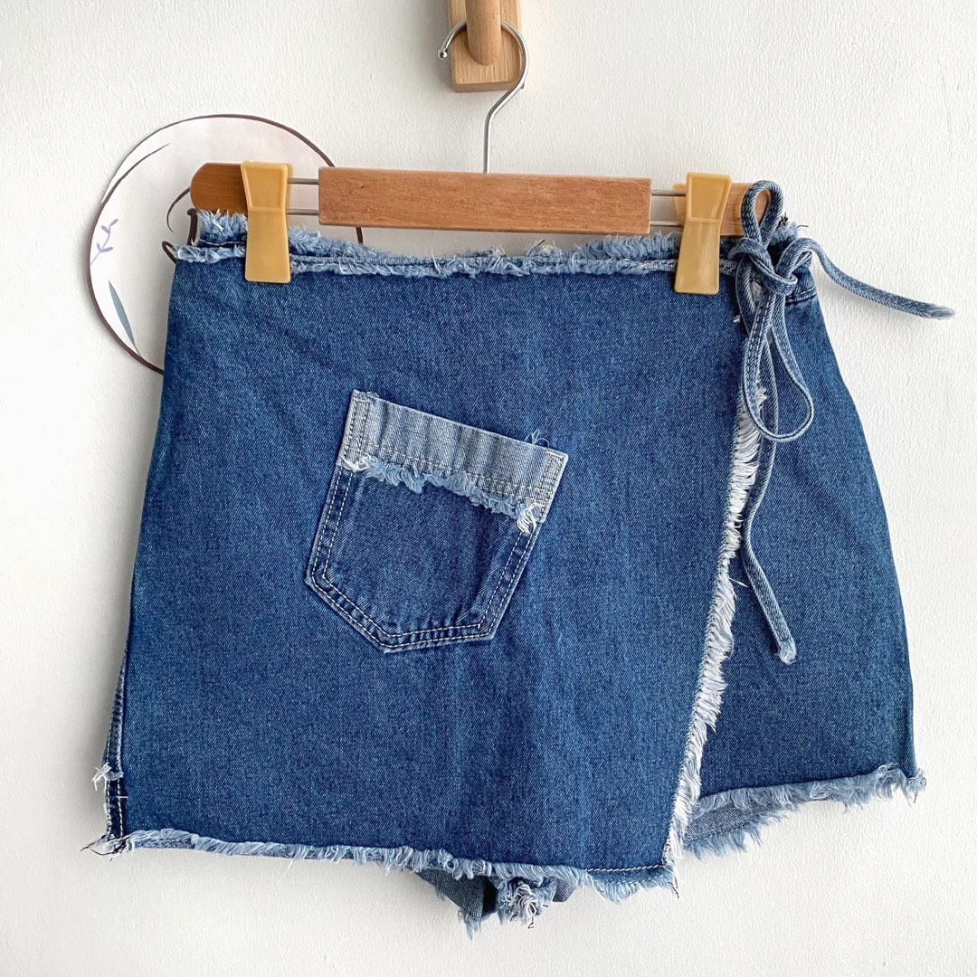 Premium overlap denim shorts/skort, Women's Fashion, Bottoms, Shorts on ...