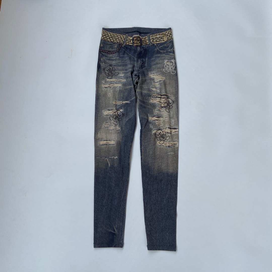 HYSTERIC GLAMOUR Denim Type Spats Leggings Fuck Bear, Women's Fashion ...