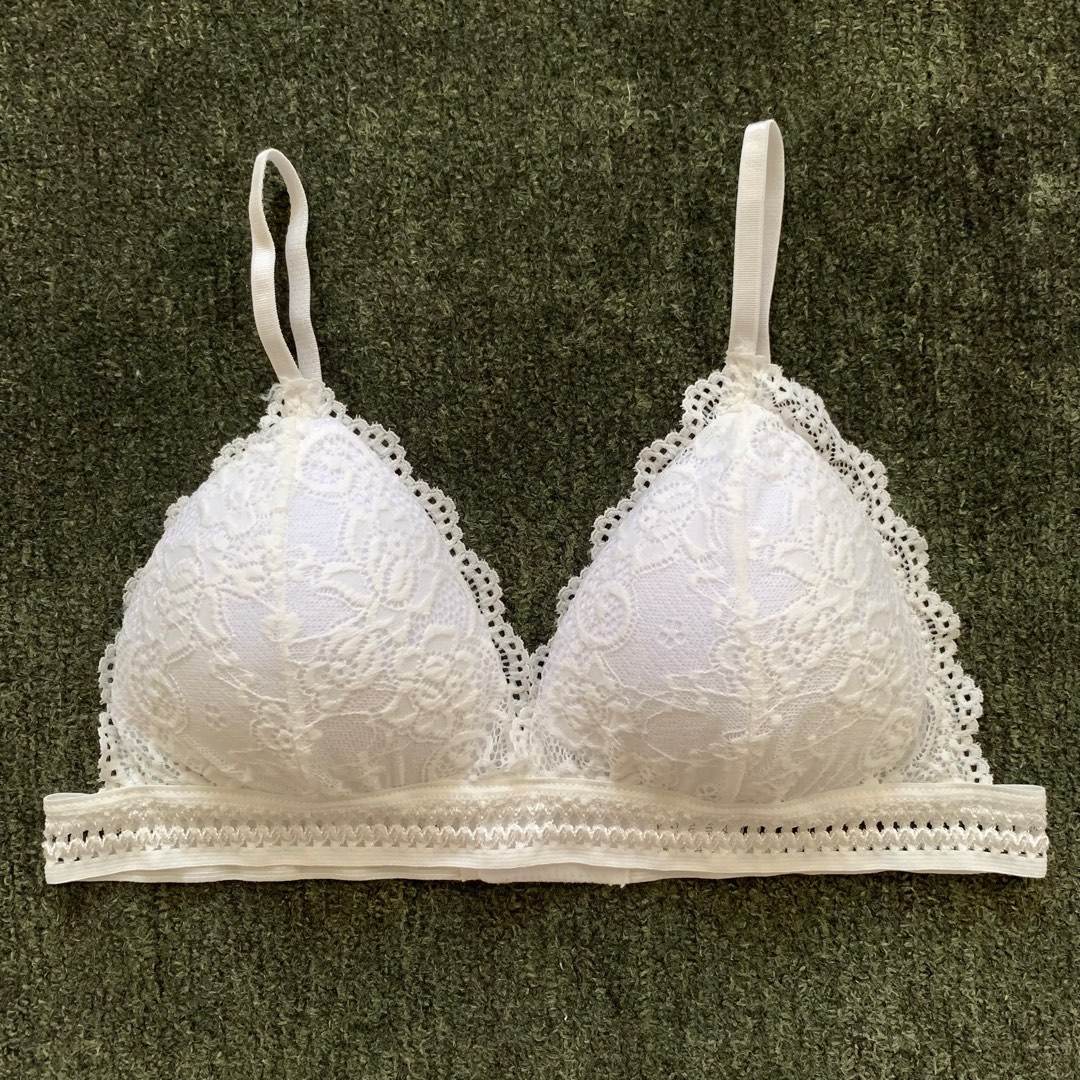 Lace Bralette Triangle Cup Bra (Removable Pads) - White, Women's ...