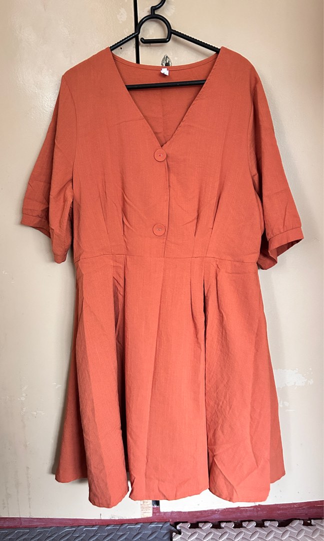 Vneck Midi Linen Dress Rust, Women's Fashion, Dresses & Sets, Dresses ...