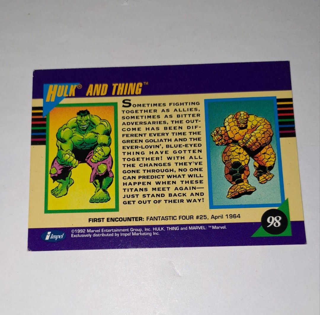 Hulk & Thing 1992 Marvel 收藏咭 Team-Ups card (珍藏 收藏卡，新舊見圖) , 興趣及遊戲, 玩具 ...