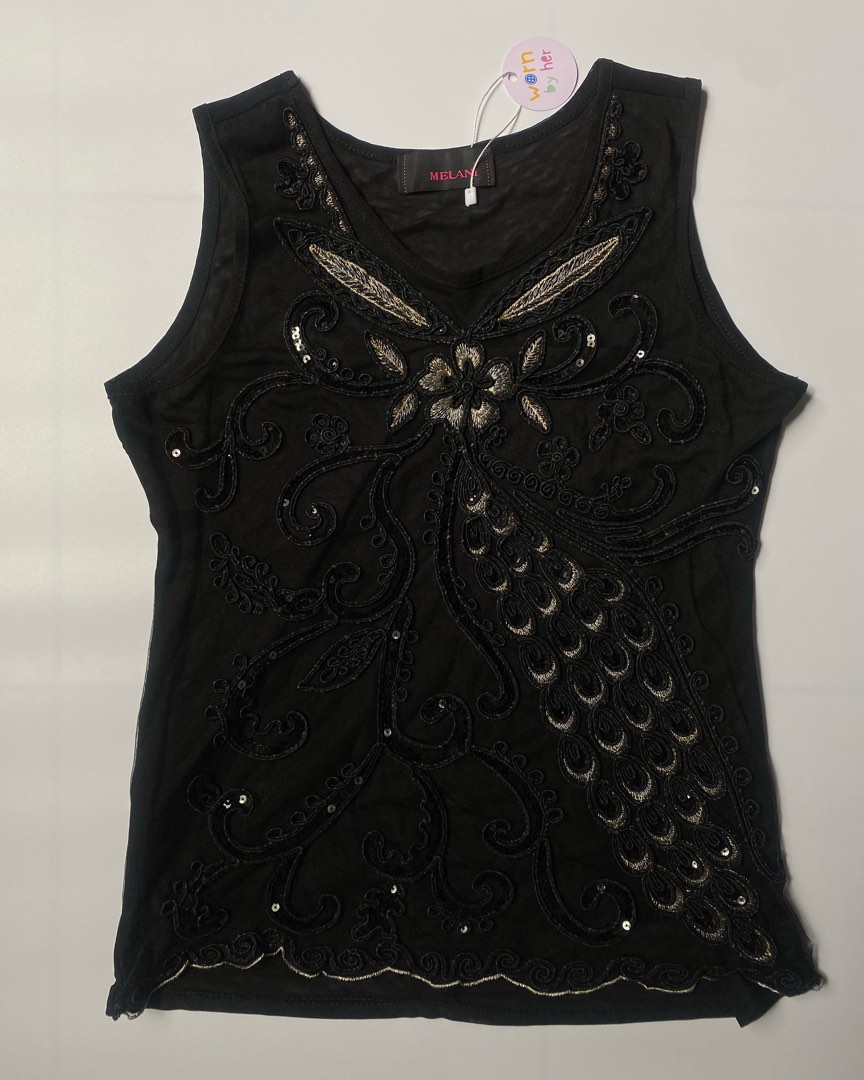 pretty black beaded top, Women's Fashion, Tops, Sleeveless on Carousell