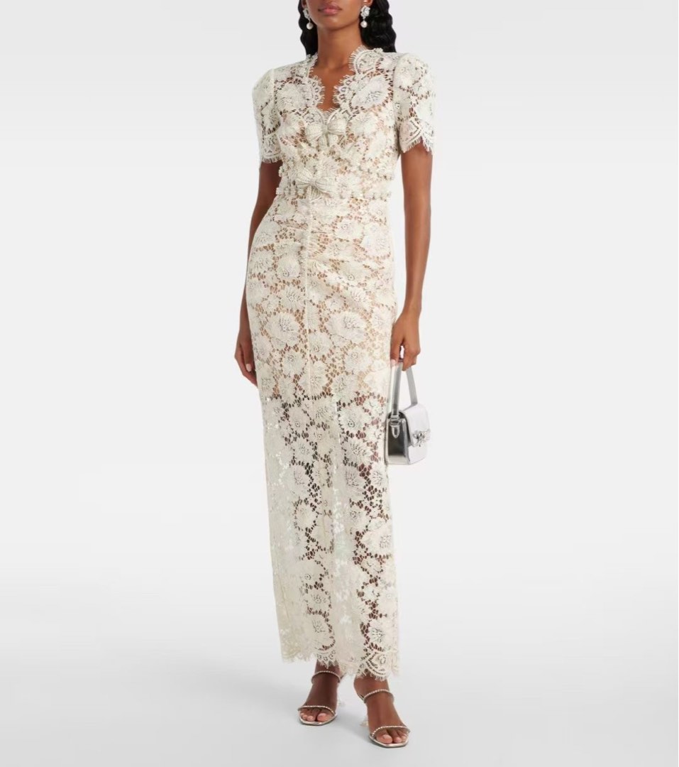 Self-Portrait Cream Fine Lace Pearl Midi Dress, 女裝, 連身裙 & 套裝, 連身裙 ...