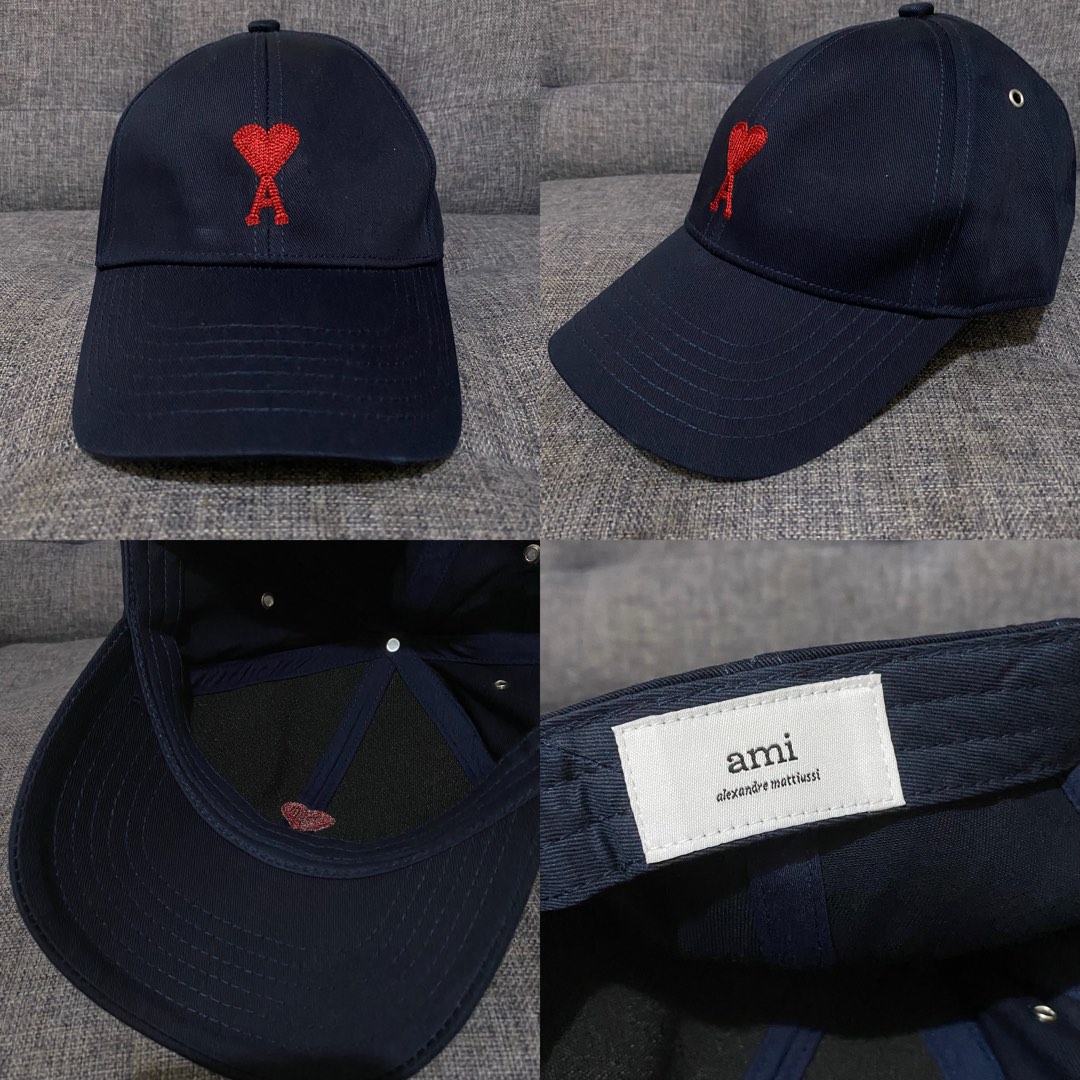 AMI PARIS COTTON AMI DE COEUR EMBROIDERY CAP (Navy Blue), Men's Fashion ...