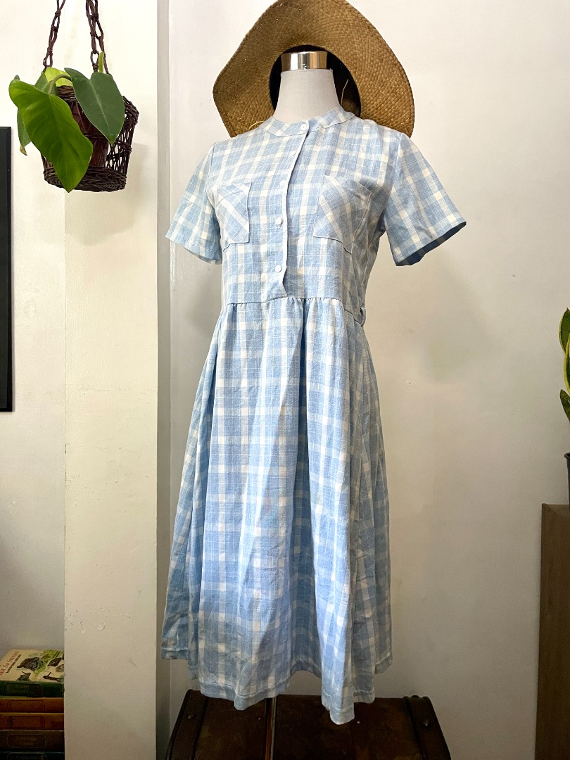 Baby Blue Checkered Linen Dress, Women's Fashion, Dresses & Sets ...