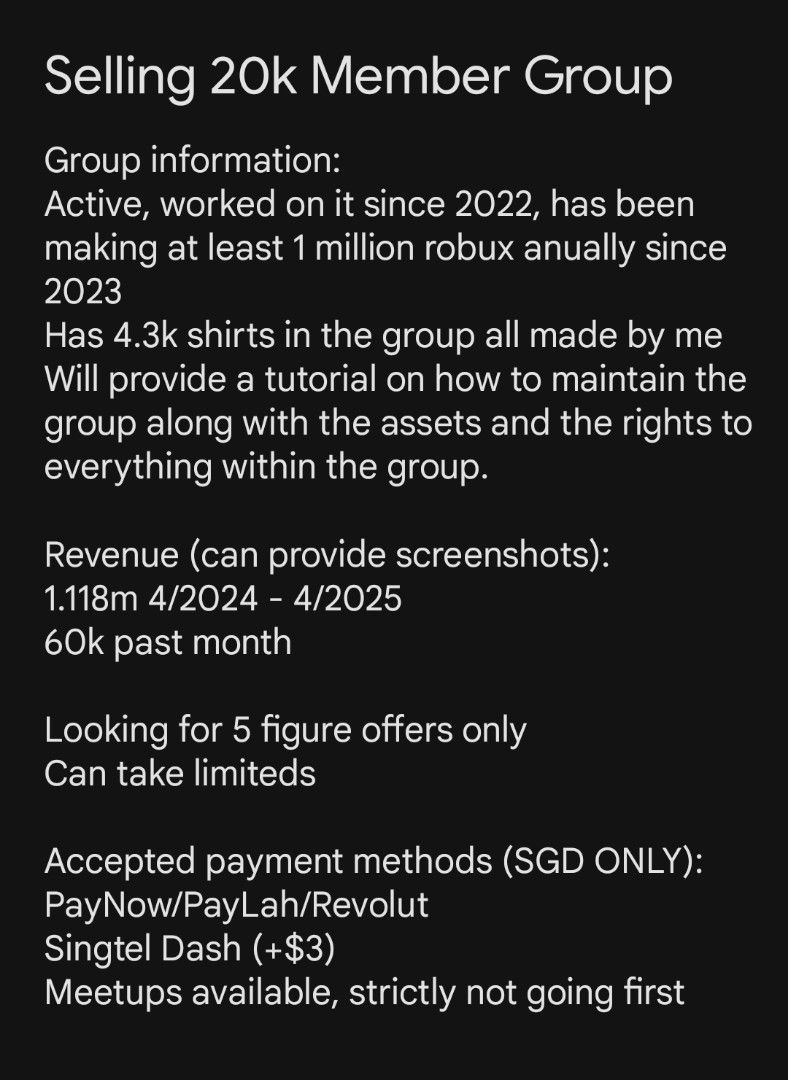 Selling 1M Robux Annually 20k Member Roblox Group | Check Description ...